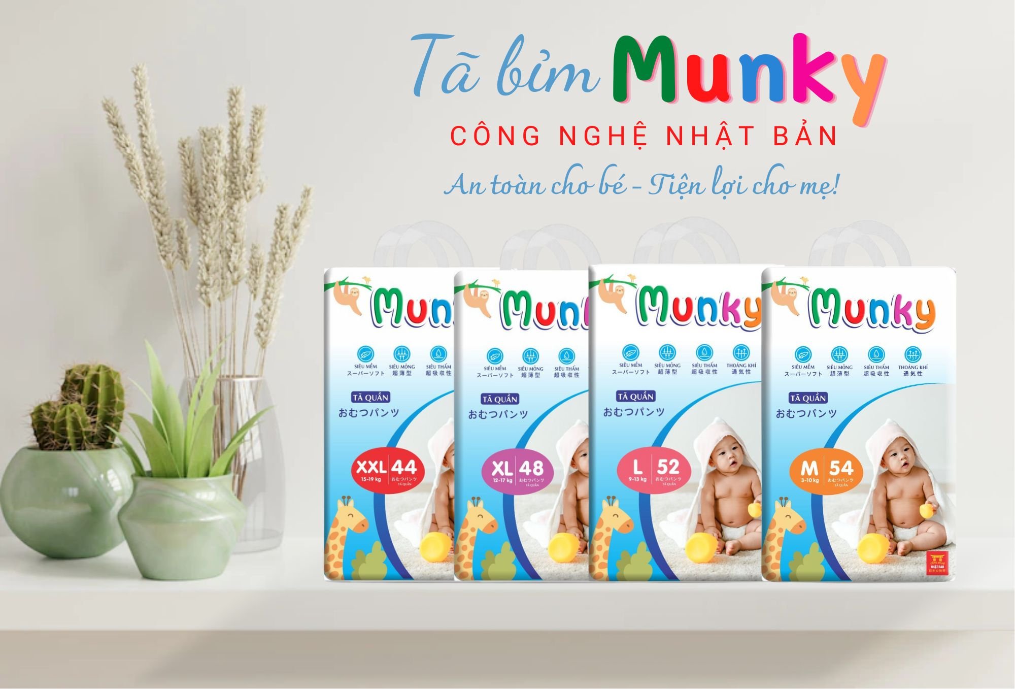 Tã quần Munky - Công nghệ Nhật Bản siêu mỏng, siêu thấm, siêu thoáng
